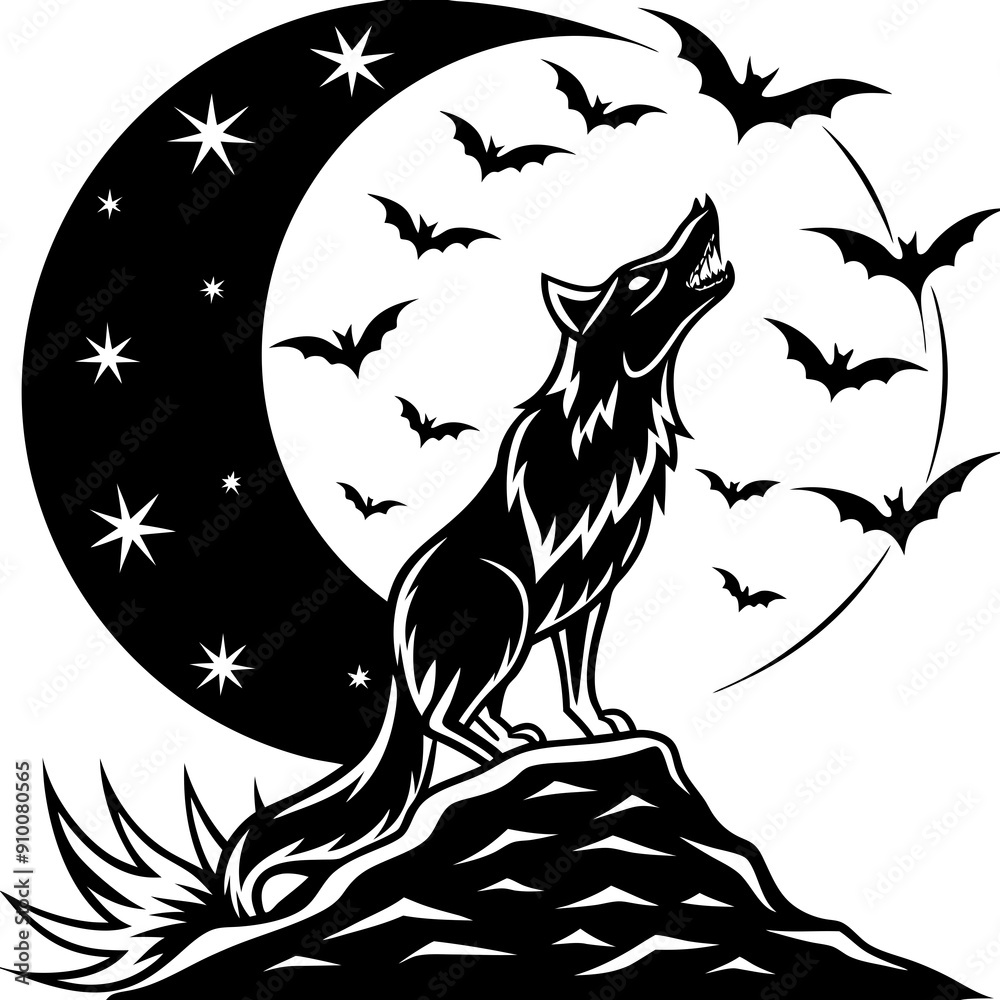 bat eared full moon a wolf howling at a full vector illustration Stock ...