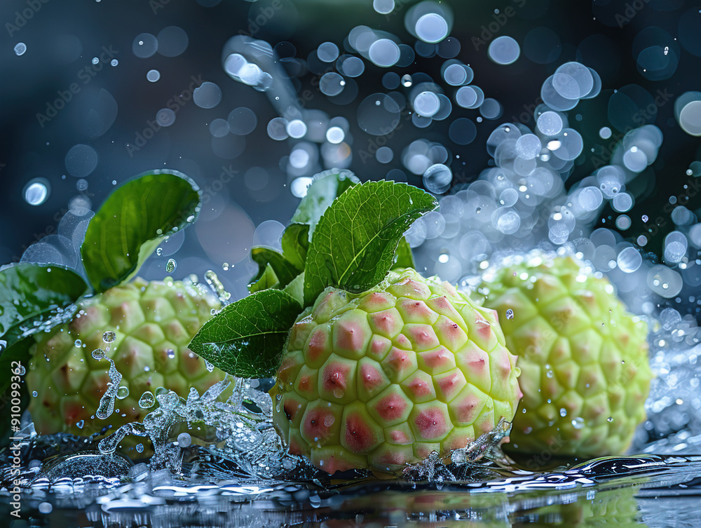 Vibrant CHERIMOYA fruit splashing with water and ice on elegant black ...