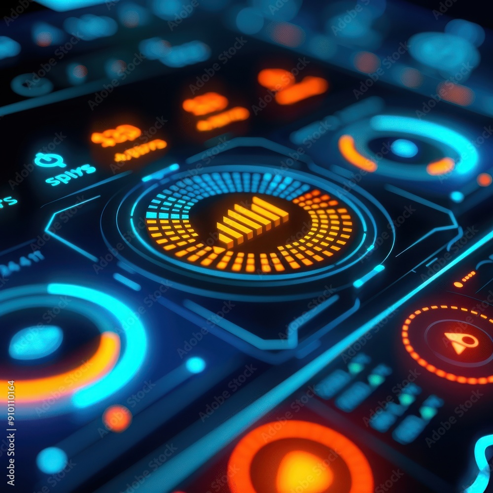 Futuristic Digital Interface Showcasing Vibrant Controls And Graphs For