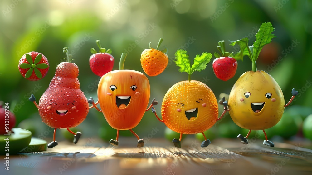 Cartoon characters made of fruits and vegetables engaging in fun ...