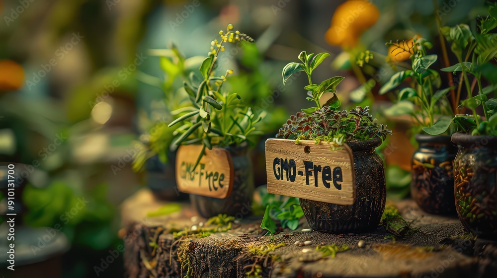 charming scene in a garden featuring potted plants labeled "GMO-Free ...