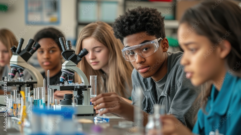 A group of high school students in a science lab, conducting an ...