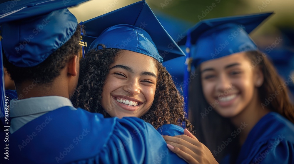 A joyful scene of high school graduates in their caps and gowns ...