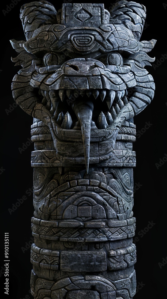 huge stone snake head ancient monolithic statue. Aztec obelisk ...