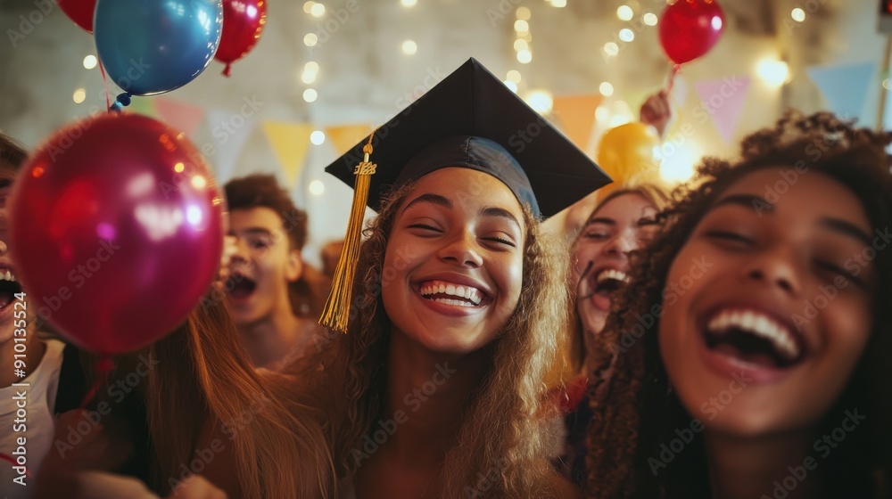 High-school graduates in a festive indoor setting celebrating a bed ...