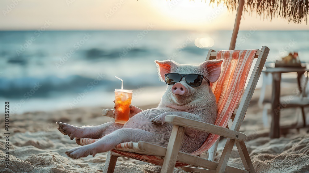 pig reclining in a beach chair with a cold drink, sunglasses, and a ...