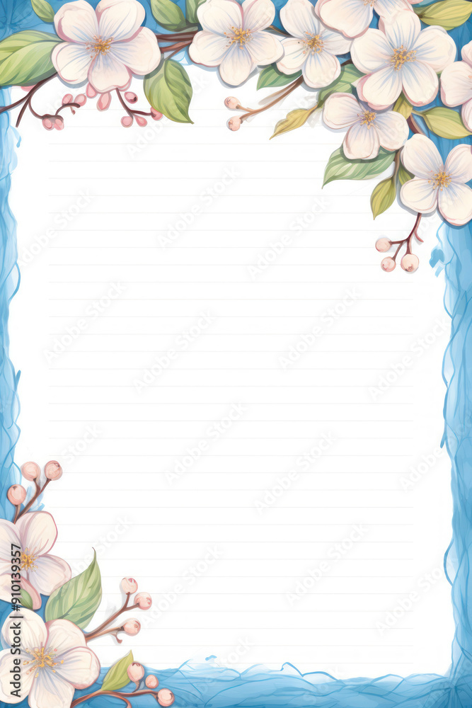 White lined paper with floral border and blue background. Stock ...