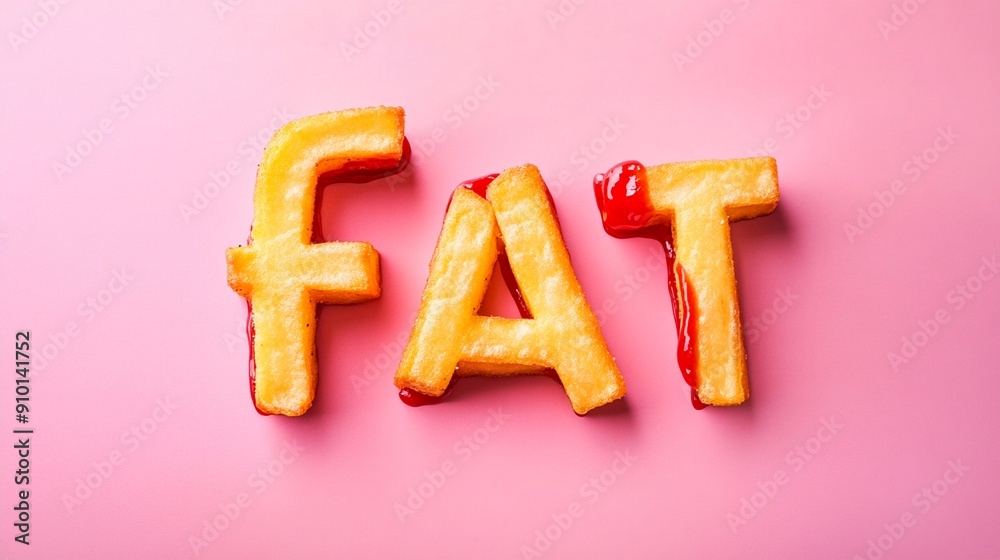 The word "FAT" spelled out using greasy, golden-yellow letters against ...