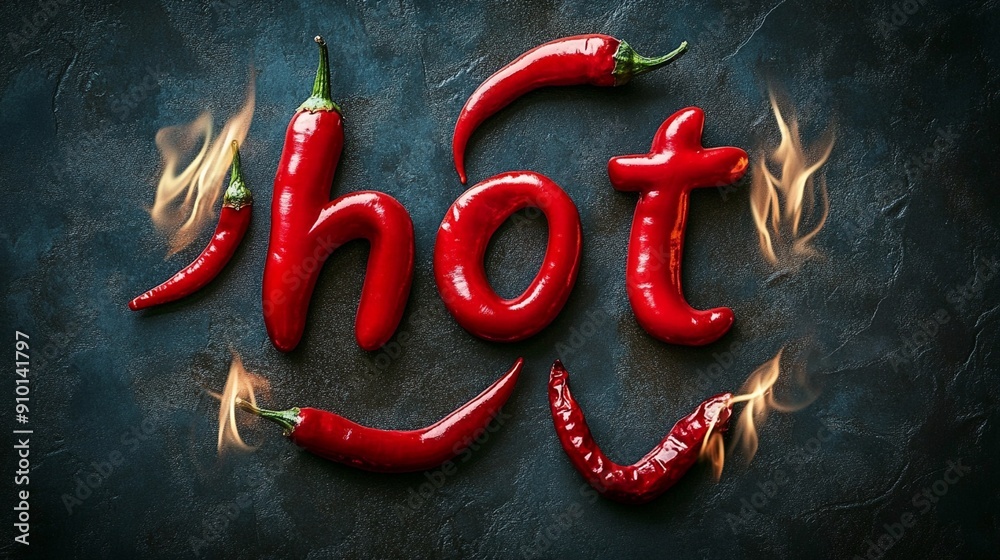 Fiery red chili peppers spell out "hot" on a dark background, with ...