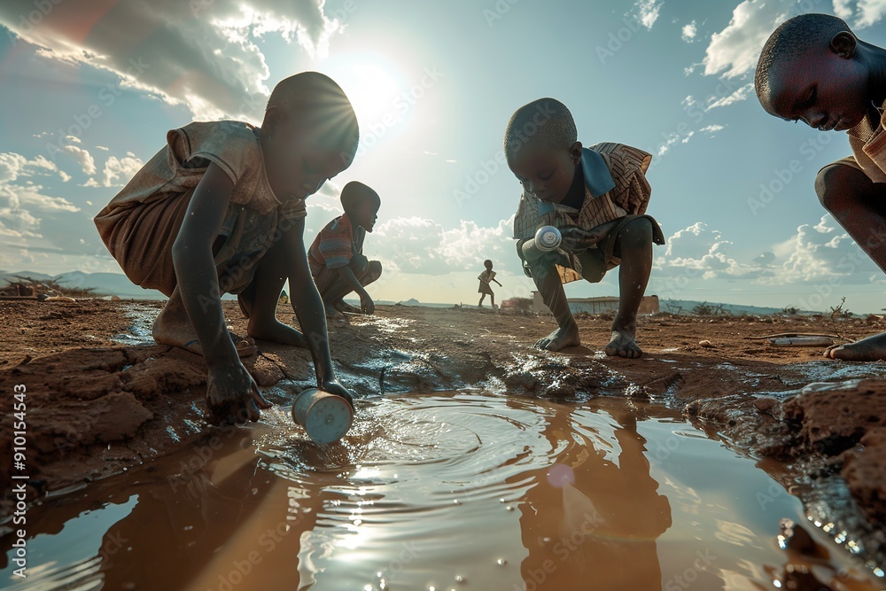 Children playing with water in a muddy puddle under the sun Stock Photo ...