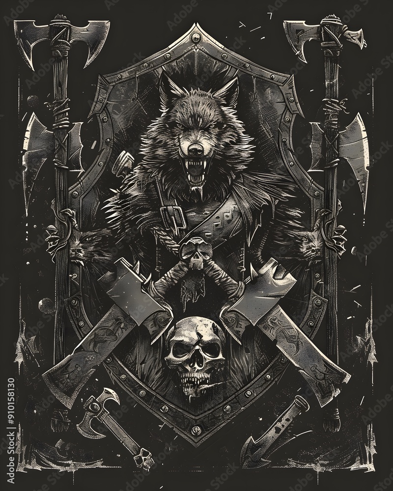 A fierce wolf’s head above a shield with a smaller wolf, flanked by ...