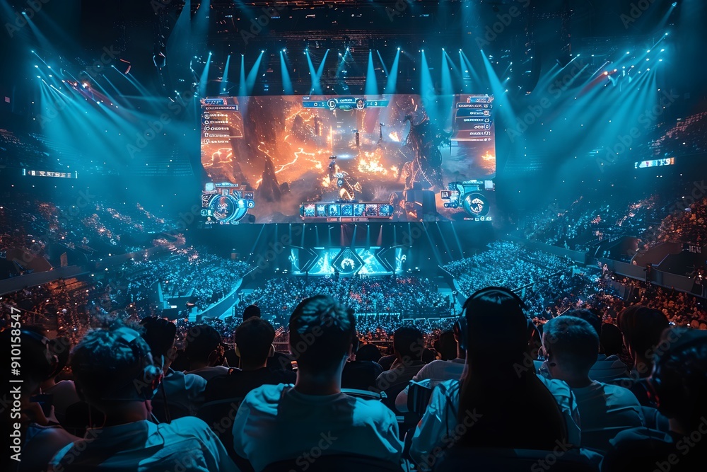 e-sport arena with a large LED screen showing live gameplay. backstage ...