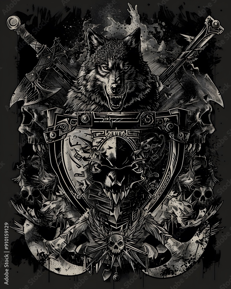 A fierce wolf’s head above a shield with a smaller wolf, flanked by ...