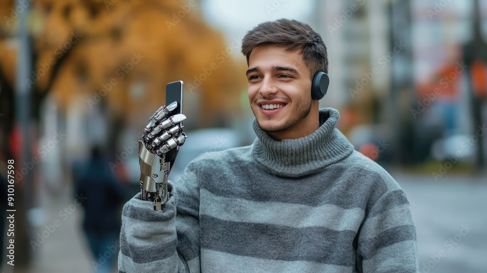 young smiling man with a prosthetic hand holding a phone on a city ...