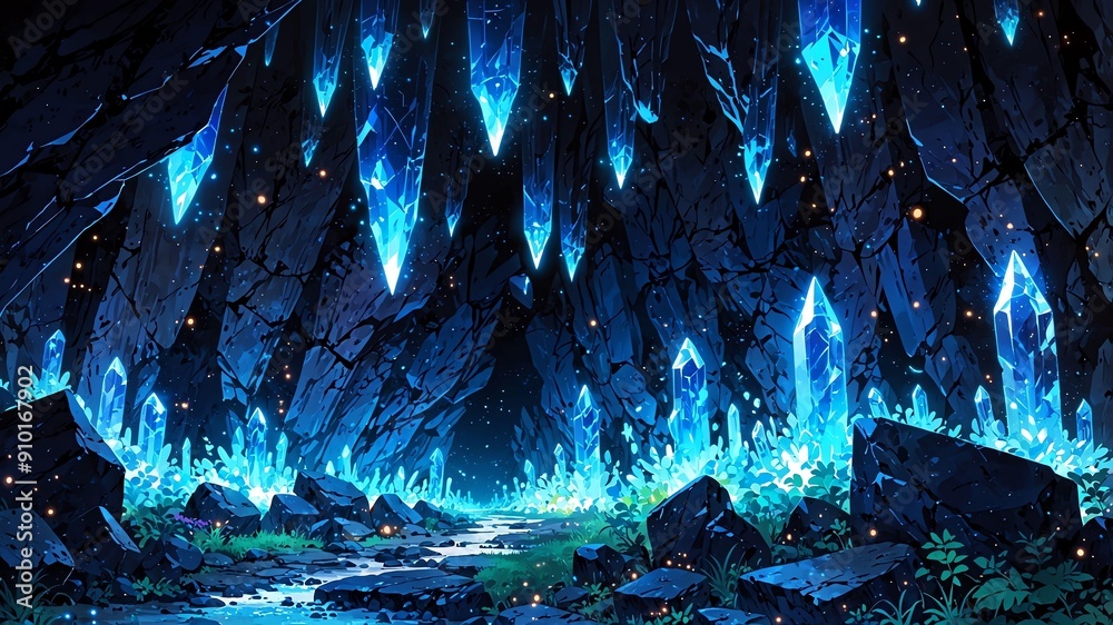 crystal caverns caves with walls made entirely of glow flat anime Stock ...
