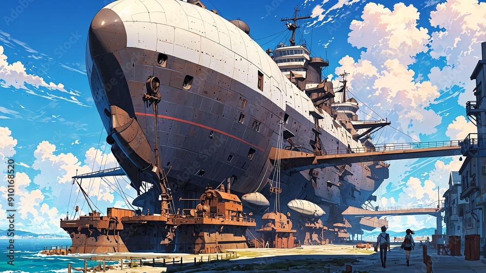 fantasy airship port port where fantasy airships dock flat anime Stock ...