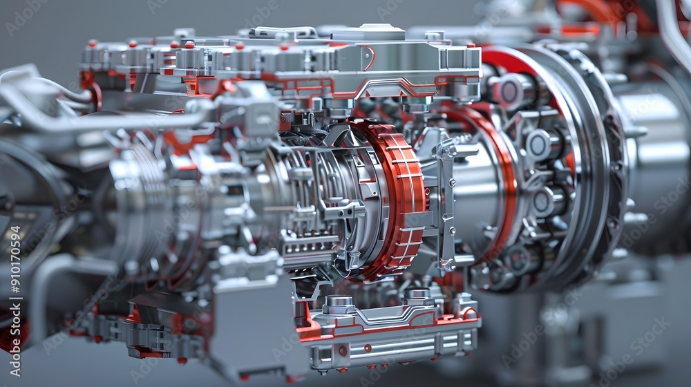 Detailed 3D engine model with explosive views of the transmission ...