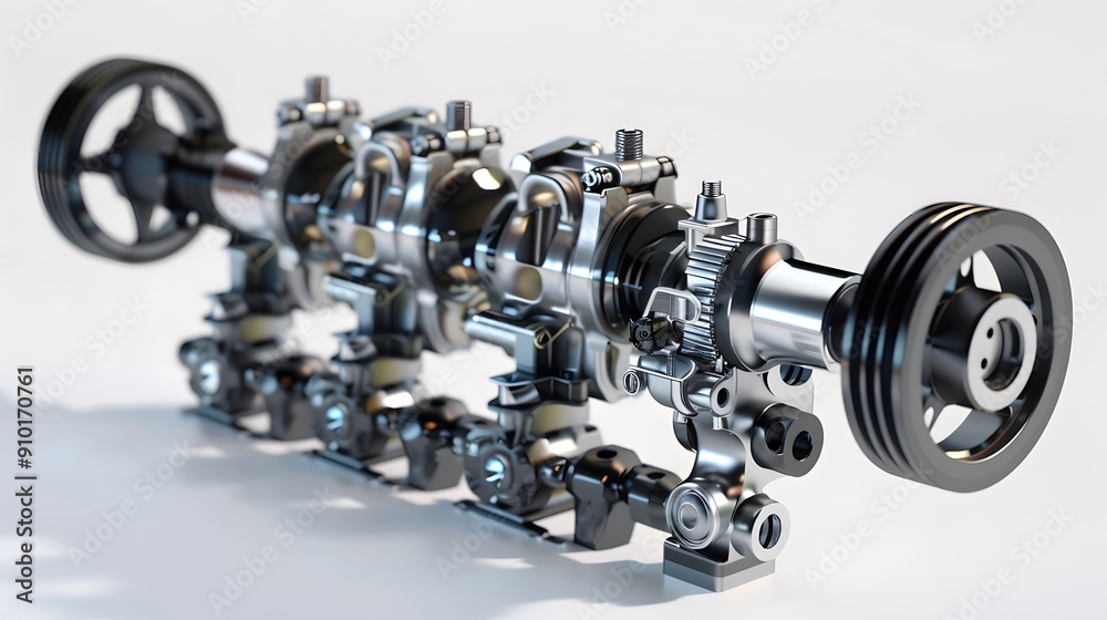 Detailed 3D engine schematic with exploded views of the crankshaft ...
