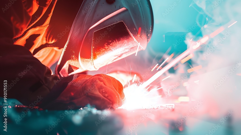Scenic welder working, torchlight merging with abstract, colorful ...