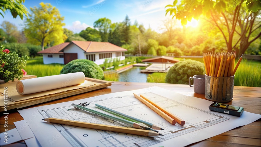 Arranged on a desk, architectural plans and landscape design documents ...