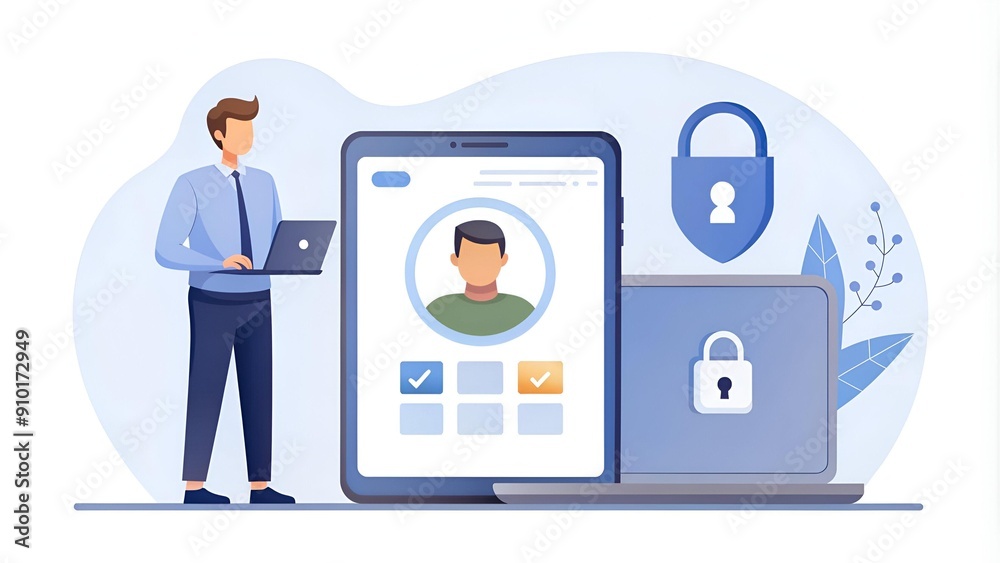 Flat illustration of man managing multi-factor authentication to ...