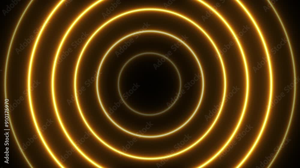 Bright glowing golden neon background. Yellow neon circles seamless motion on black. LED round ...