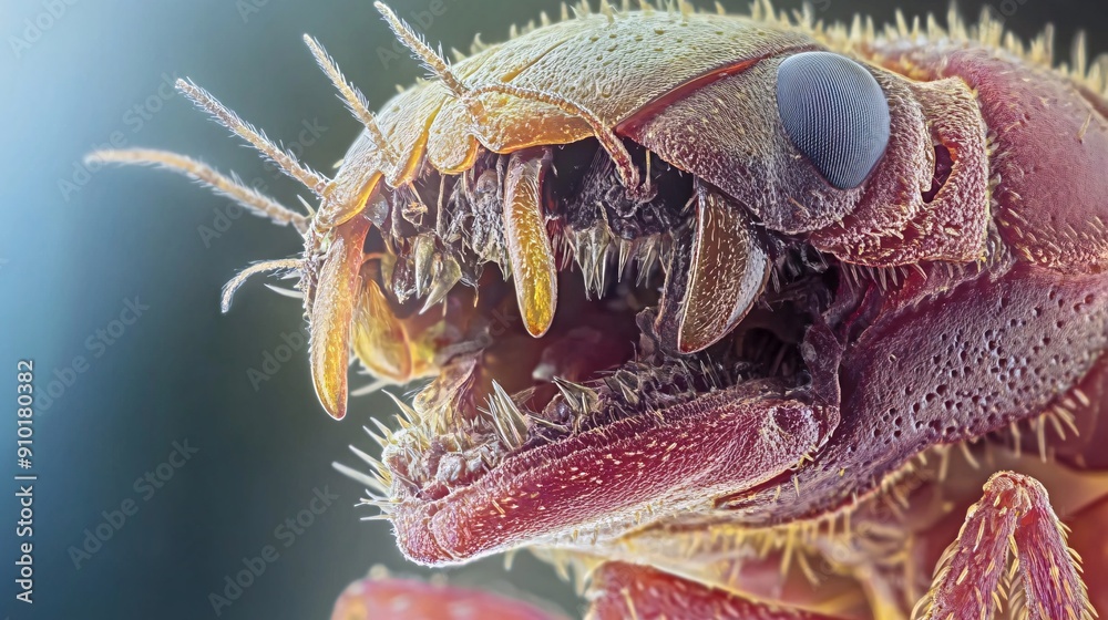 This detailed microscopic image captures the anatomy of an insect's ...