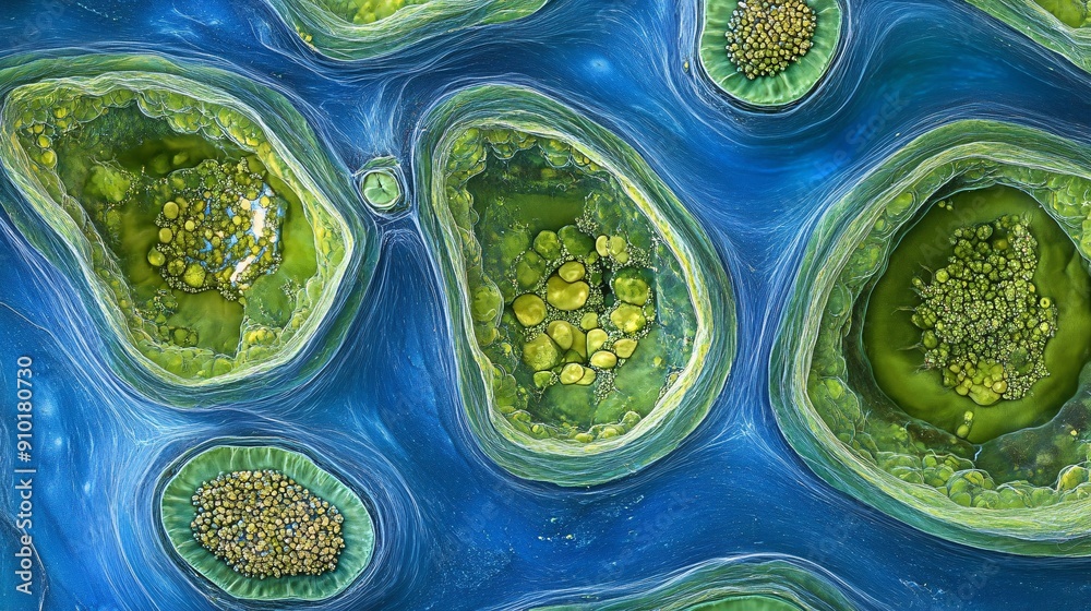 This microscopic image focuses on the chloroplasts within plant cells, the site of ...