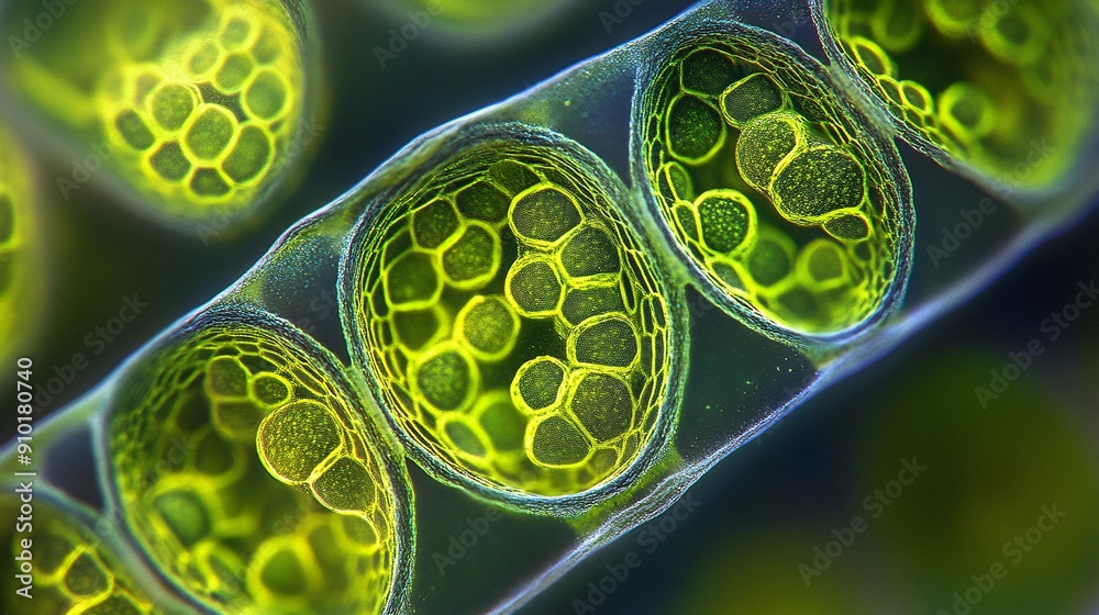 This microscopic image focuses on the chloroplasts within plant cells ...