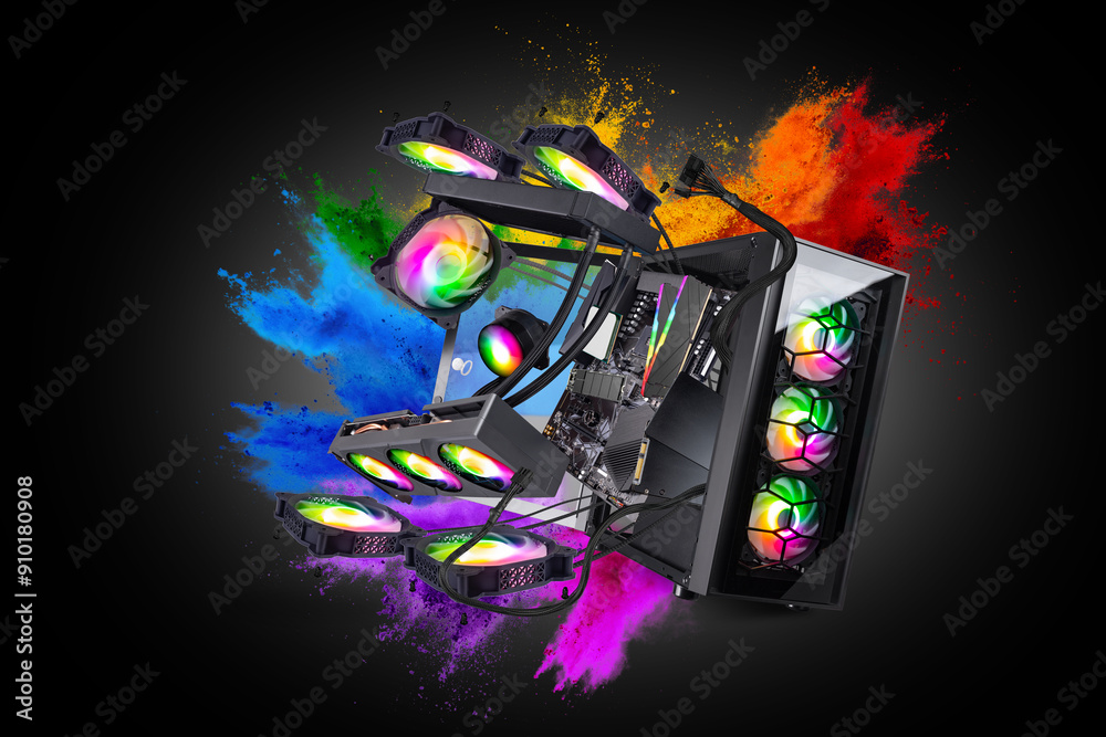 Black modern high end gaming computer with glass windows and bright ...