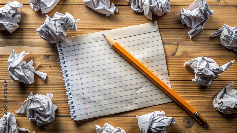Crumpled, discarded pages of scribbled notebook paper, erased pencil ...