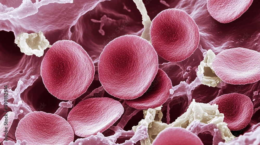 This microscopic image offers a detailed view of blood cells ...