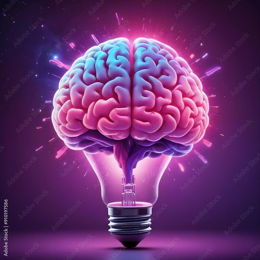 Great idea depicted by a brain within a giant glowing lightbulb ...