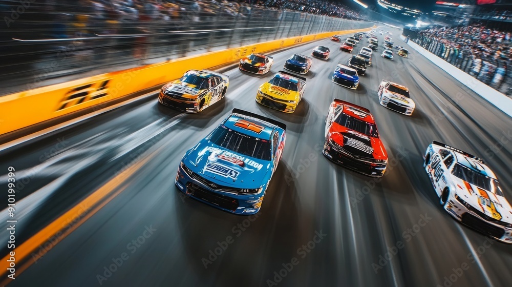 High-speed NASCAR cars compete closely on the illuminated Daytona track ...