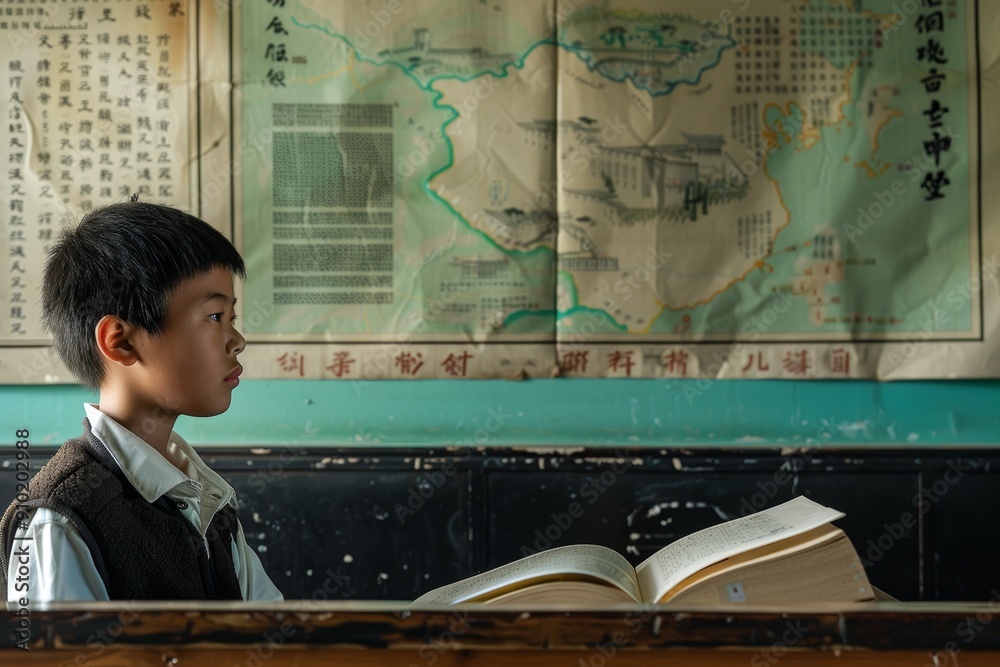 Chinese Schoolboy in History Class Studying Ancient China Maps and ...