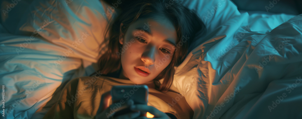 Sad person checking their smartphone at night. Woman scrolling through ...
