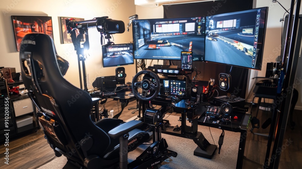 A detailed racing simulator setup features triple monitors, a steering ...