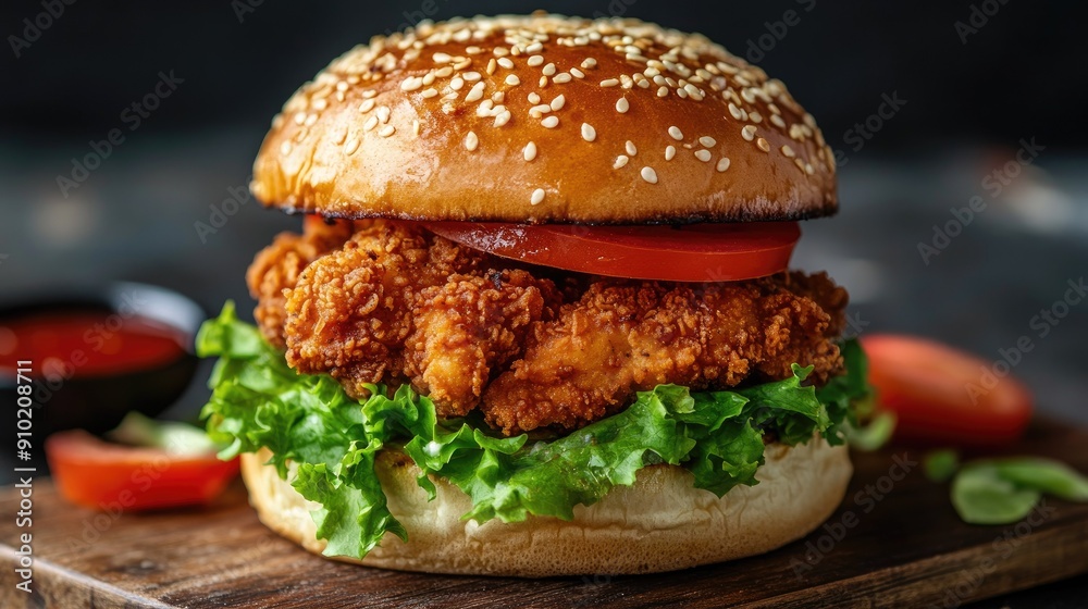 Detailed view of a sesame seed bun burger featuring crispy fried ...