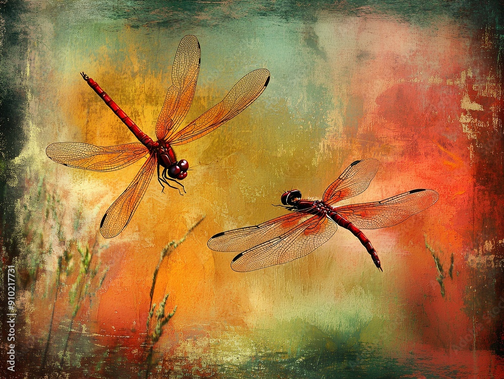 background with dragonfly - two dragonflies with translucent wings. The ...