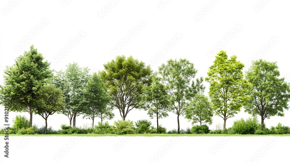 a row of various trees standing side by side. The trees are of ...