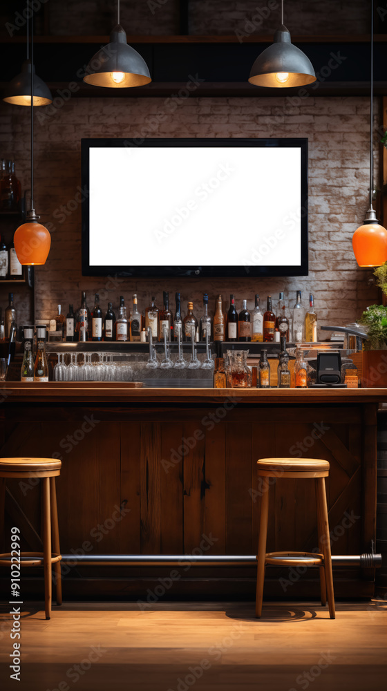 TV mockup. A cozy bar interior featuring a wooden counter, two empty ...