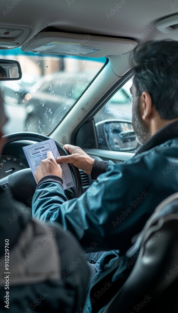 Adult Learner Taking Driving Test with Examiner Marking Checklist in ...