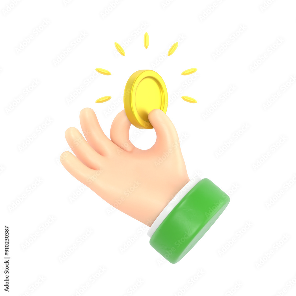 Transparent Backgrounds Mock-up. 3d Icon hand with gold coin. Money ...