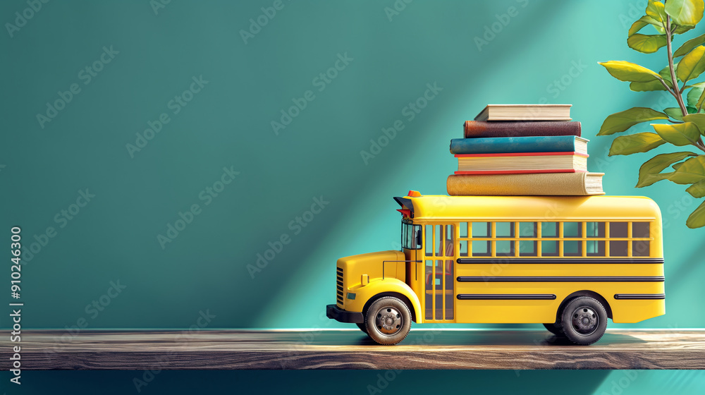 Yellow traditional school bus with a pile of books on a pastel ...