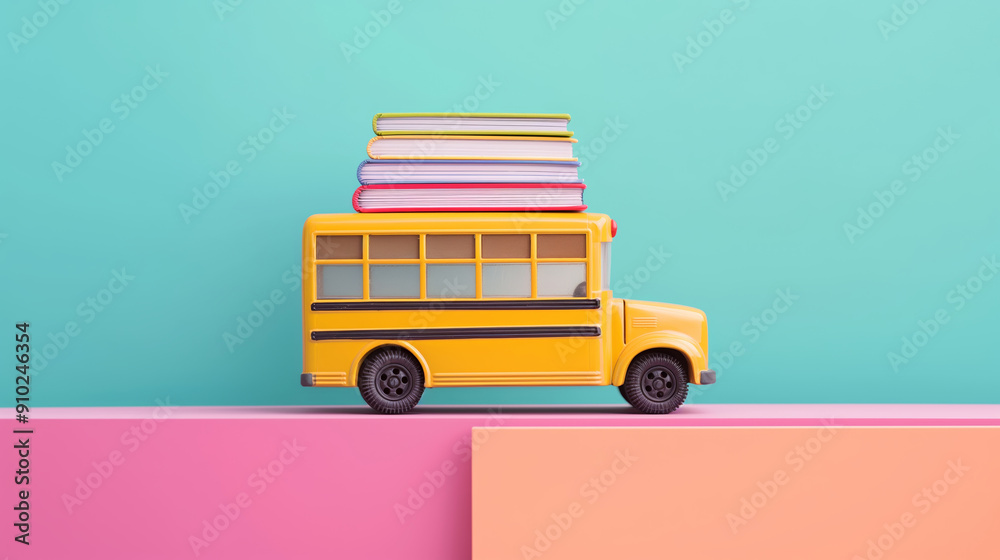 Yellow traditional school bus with a pile of books on a pastel ...