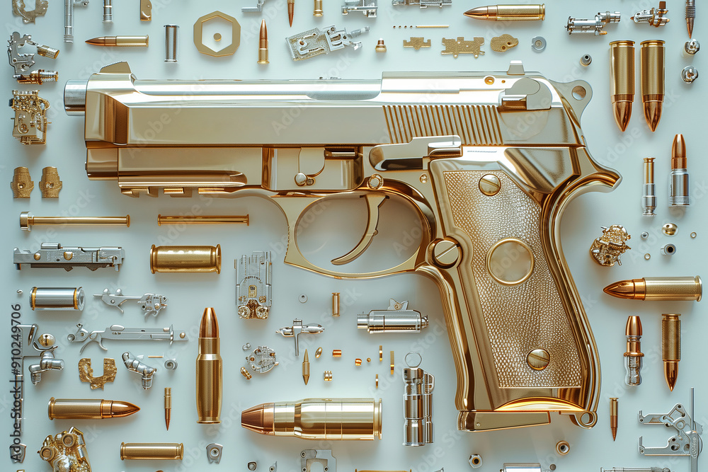One handgun surrounded by disassembled gun parts and details. Layout ...