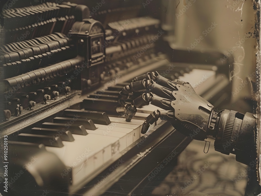 Vintage Daguerreotype of a Victorian Era Robot Learning to Play the ...