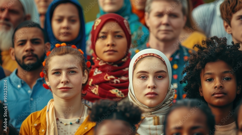 Diverse group of people of different ethnicities and cultures standing ...