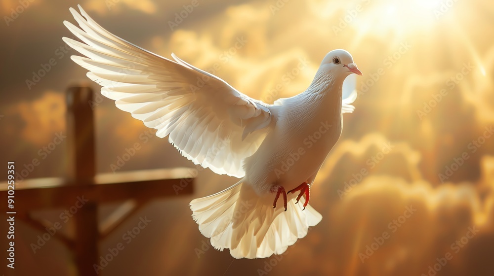 White dove bird symbolizing Holy Spirit flying near wooden cross in the ...