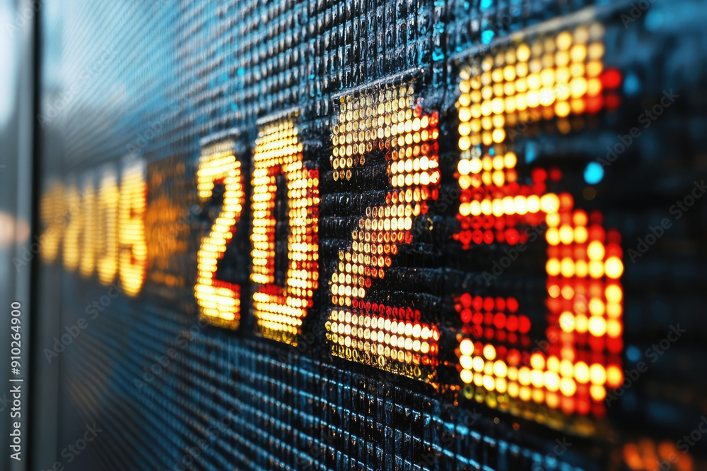 A close-up of a digital light display showing the year 2025 in bright ...